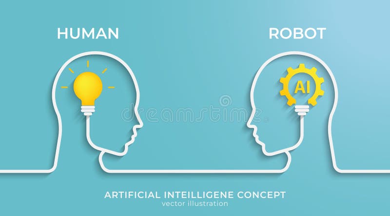 Human and Robot Concept. Human Head with Bulb and AI Symbols Stock ...