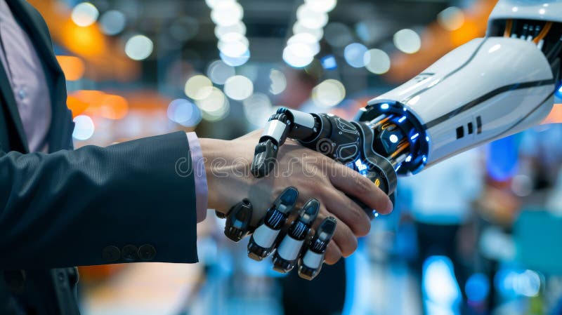 Human and Robot Engage in Futuristic Handshake, Symbolizing Unity Stock ...