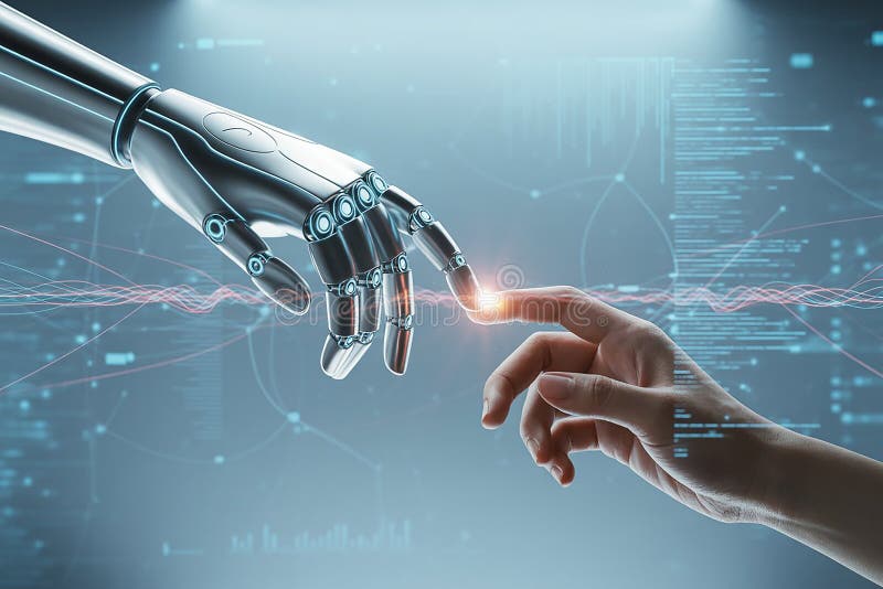 Human and Robot Hand Connecting Touching Finger Futuristic Technology ...