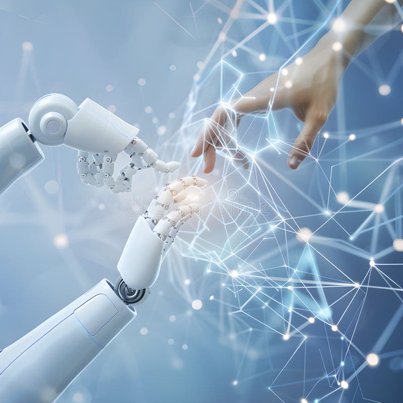 Human and Robot Hand Connection in Digital Network Stock Image - Image ...