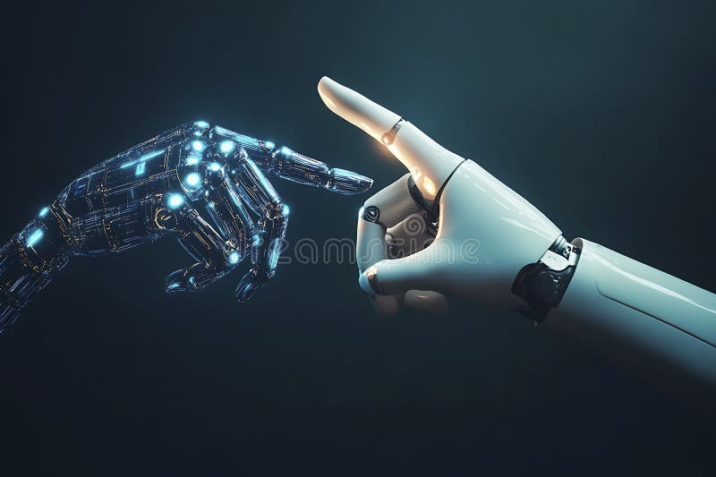 Human and Robot Hand Connection Futuristic Synergy in Motion Stock ...