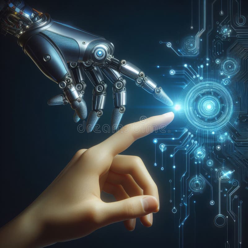 Human and Robotic Hand Interaction Over Urban Skyline Stock Image ... Human and Robotic Hand Interaction Over Urban Skyline Stock Image ...
