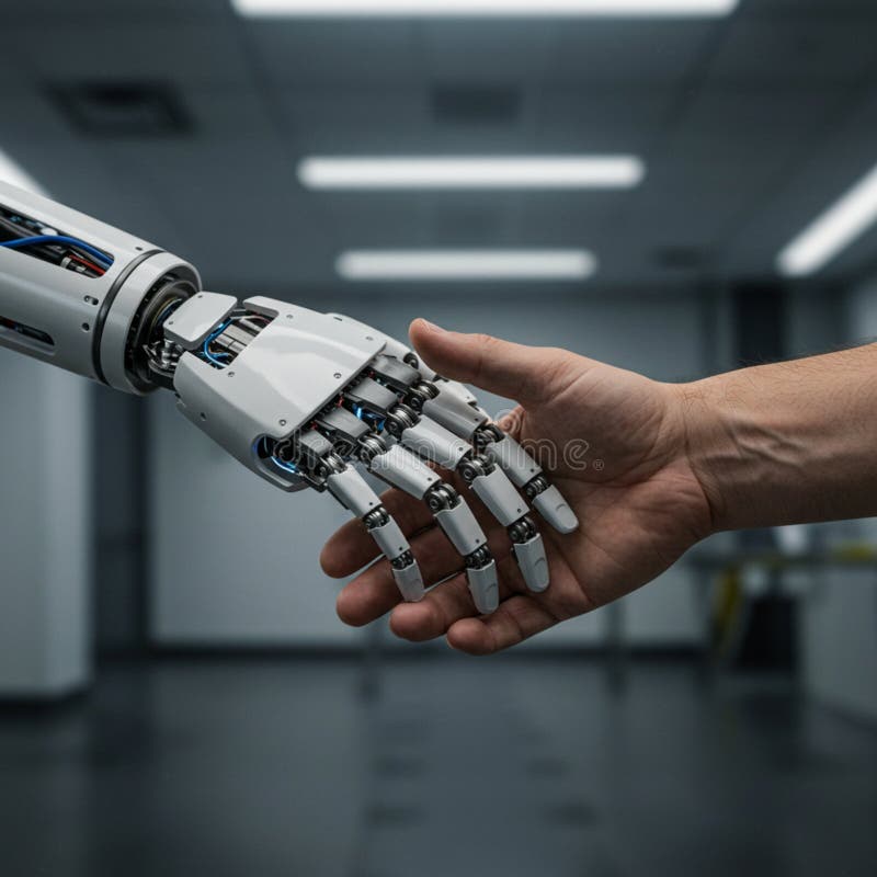 A Human and a Robot Hand are Seen Interacting within a Modern, Dimly ...