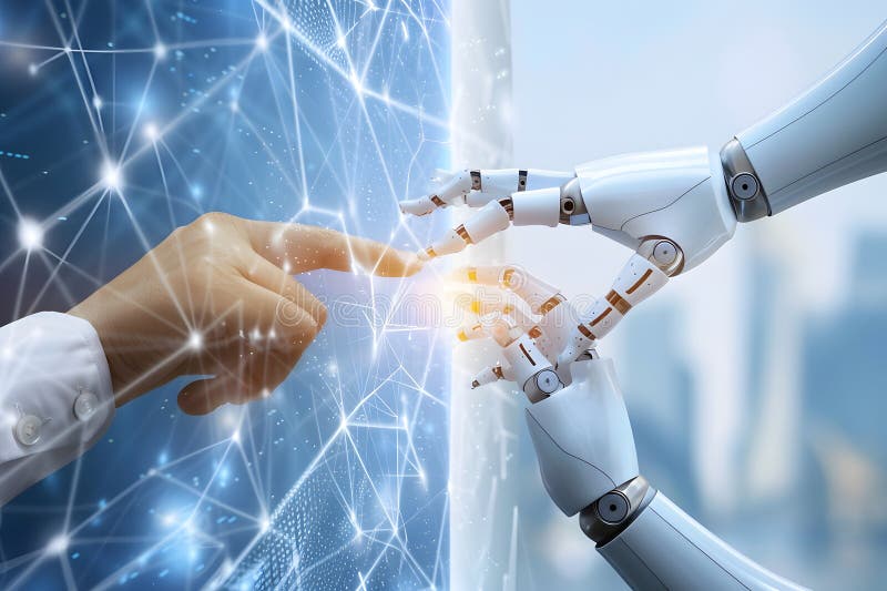 Human and Robot Hand Touching with Digital Network Connection Stock ...
