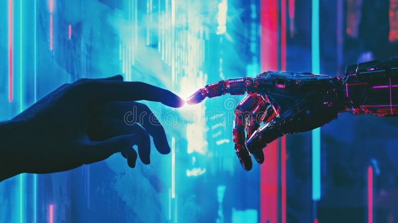 Human and Robot Hand Touching, with Neon Lights in Background, Concept ...