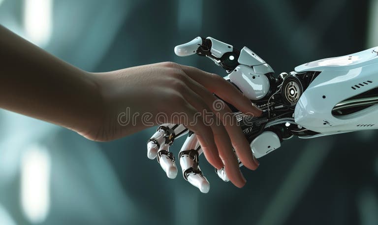 Human and Robot Hand Touching, People and Cyborg Cooperation Concept ...