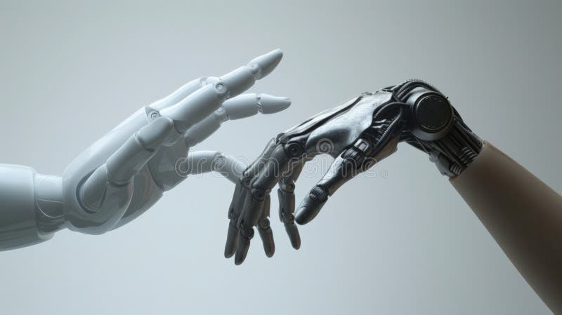 Human and Robot Hand Unity stock image. Image of intelligence - 305142789