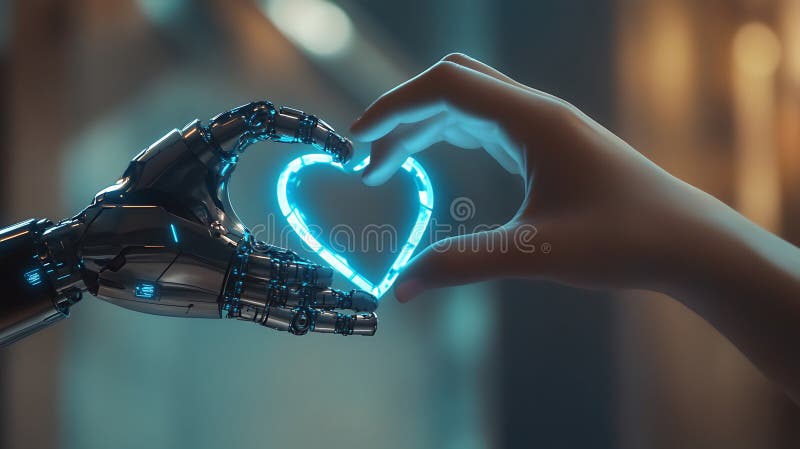 Human and Robot Hands Creating a Glowing Heart Connection Stock ...