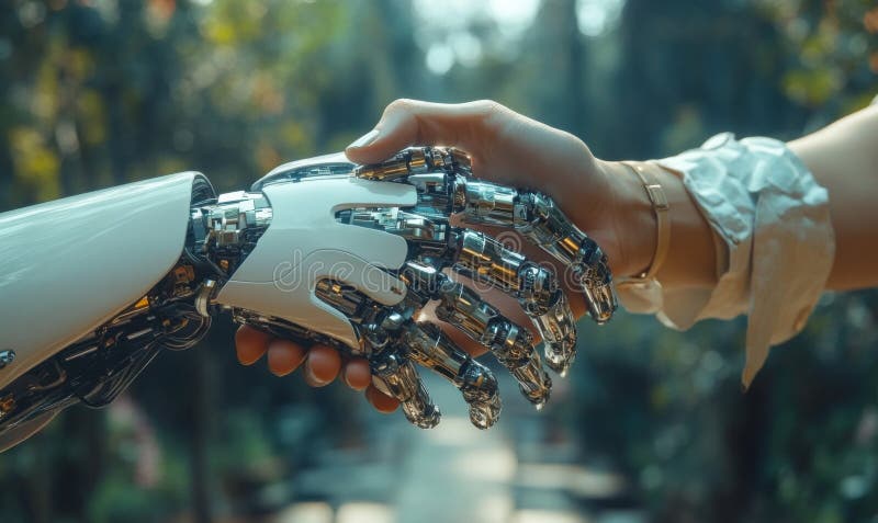 Human and Robot Hands Engage in a Firm Handshake Symbolizing Unity ...