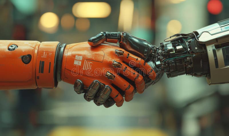 Human and Robot Hands Engage in a Firm Handshake Symbolizing Unity ...