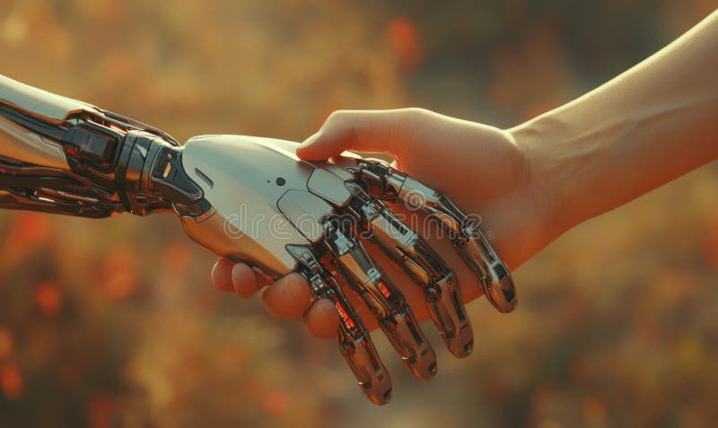 Human and Robot Hands Engage in a Firm Handshake Symbolizing Unity ...