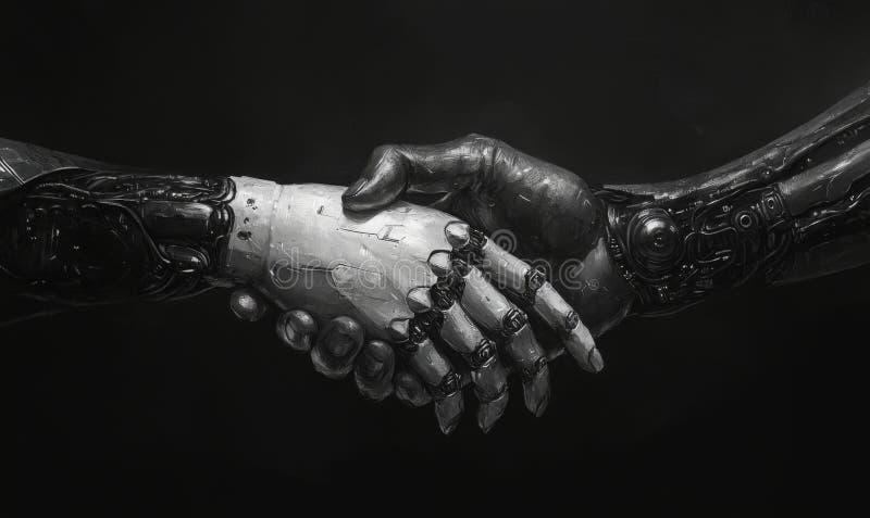 Human and Robot Hands Engage in a Firm Handshake Symbolizing Unity ...