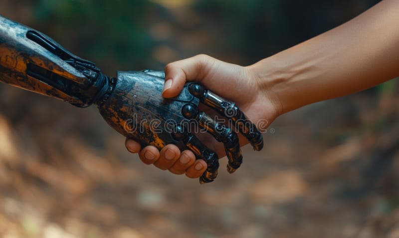Human and Robot Hands Engage in a Firm Handshake Symbolizing Unity ...