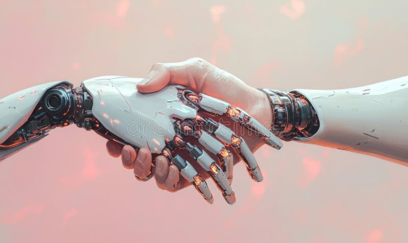Human and Robot Hands Engage in a Firm Handshake Symbolizing Unity ...