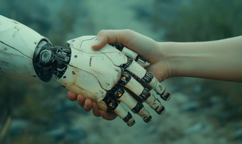 Human and Robot Hands Engage in a Firm Handshake Symbolizing Unity ...