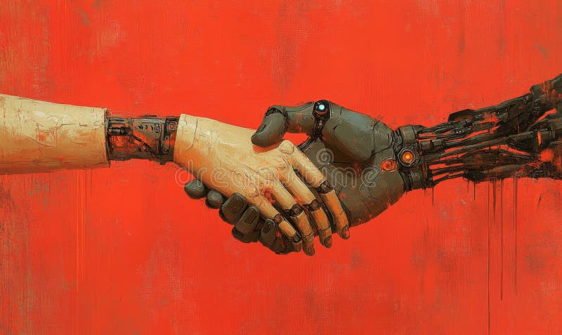 Human and Robot Hands Engage in a Firm Handshake Symbolizing Unity ...