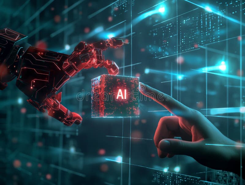 Human and Robot Hands Interacting with AI Cube Stock Photo - Image of ...