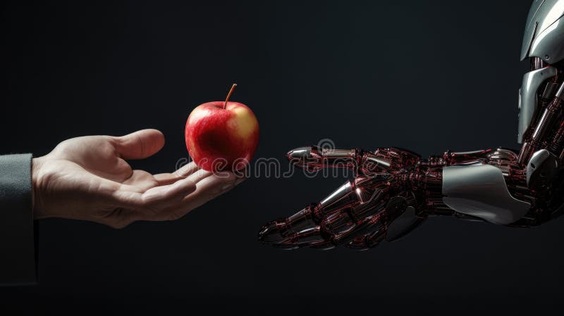 Human and Robot Hands. Man Gives a Red Apple To an Artificial ...
