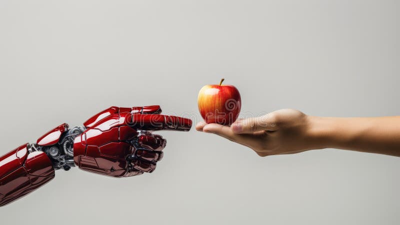 Human and Robot Hands. Man Giving a Red Apple To an Artificial ...