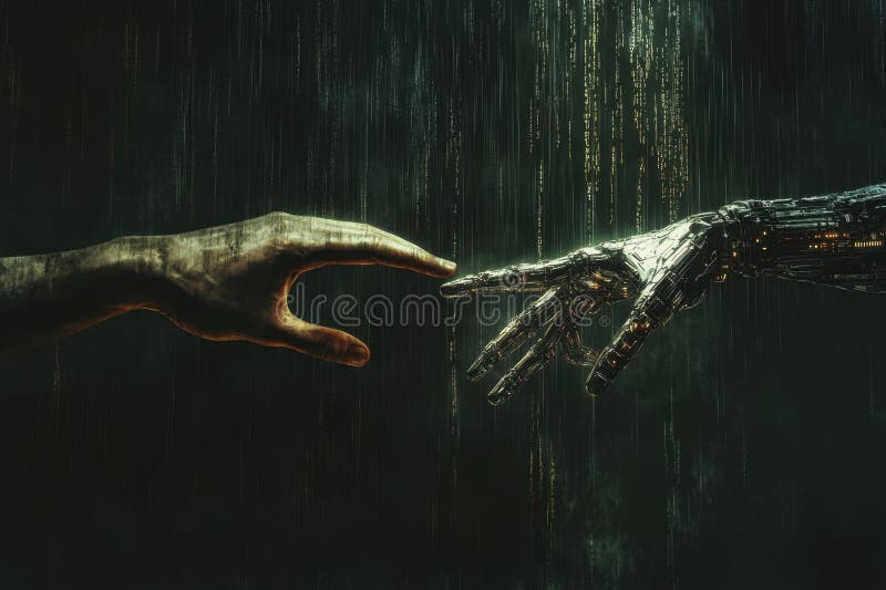 Human and Robot Hands Reaching Out in Futuristic Creation Scene Stock ...
