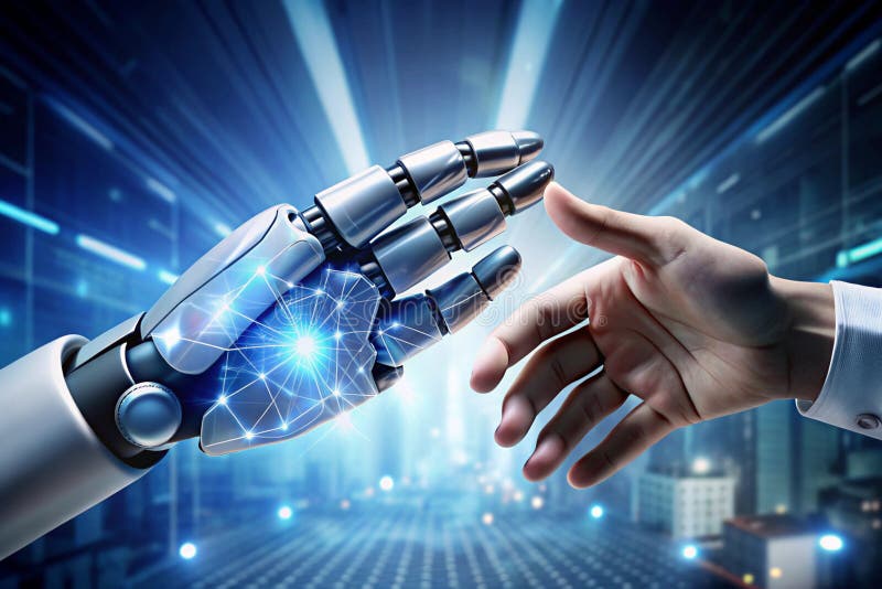Human and Robot Hands Representing AI and Machine Intelligence Stock ...