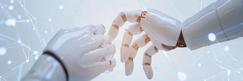 Human and Robot Hands Touch on Big Data Network Connection Backdrop for Technological Synergy ...