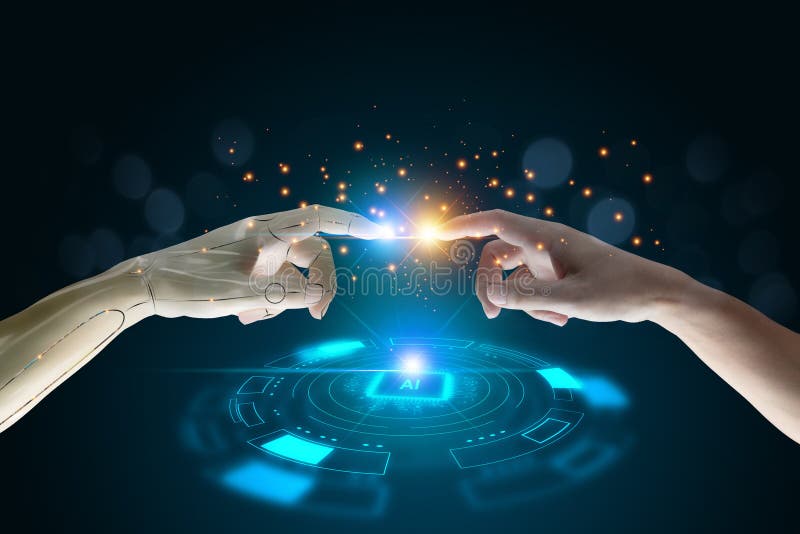 Human, Robot Hands Touch Connect on Binary Code Stock Photo - Image of ...