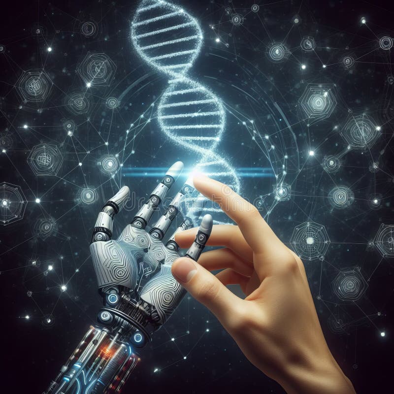 Human and Robot Hands Touching with DNA Structure Stock Illustration ...