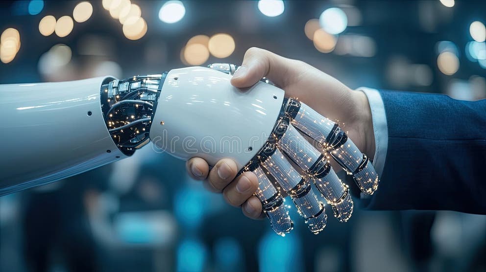 Human and Robot Handshake. Future Technology Collaboration Concept ...