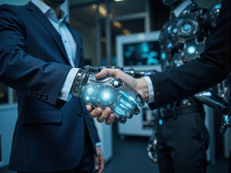 Human and Robot Handshake in a Futuristic Setting Stock Illustration ...