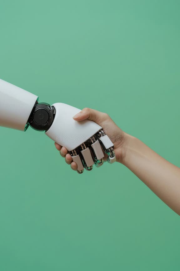 Human and Robot Handshake on Green Background with Copy Space, Man ...