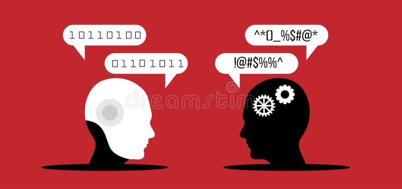 Human and Robot Head Interacting with Binary Code Speech Bubbles Stock Vector - Illustration of ...