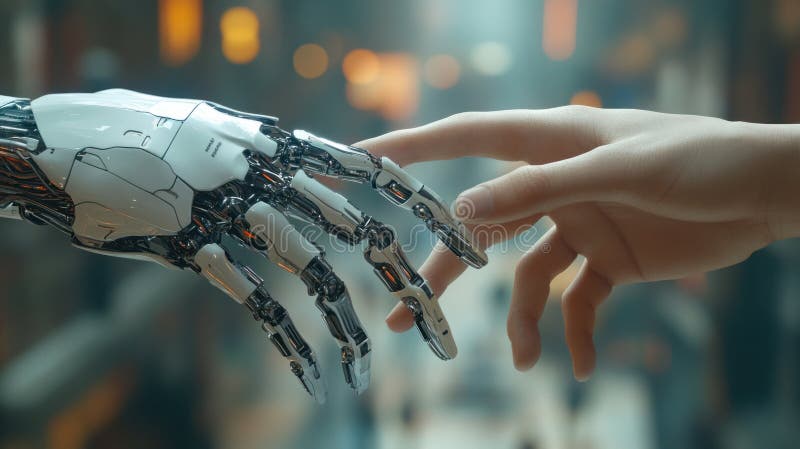 Human-Robot Interaction, a Human Hand Reaches Out To Touch a Robotic ...