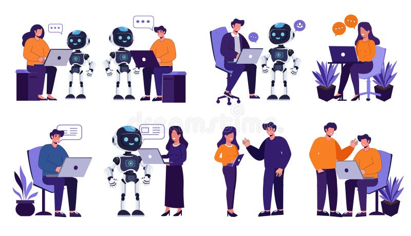 Human-Robot Interaction Vector Illustration Set Stock Vector - Illustration of humanrobot ...
