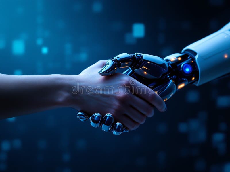 A Human and a Robot Shake Hands, Businessman and Robot Shaking Indoors ...