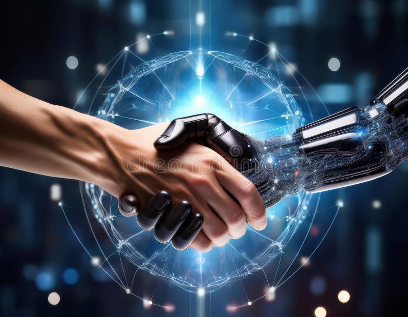 Human Robot Shaking Hands Glowing Neural Network Forming Bridge Them ...