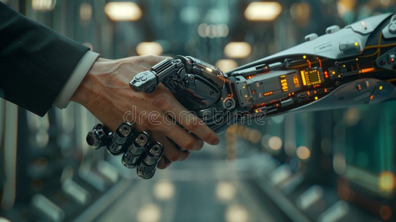 A Human and a Robot Shaking Hands in a High-tech Corporate Environment ...