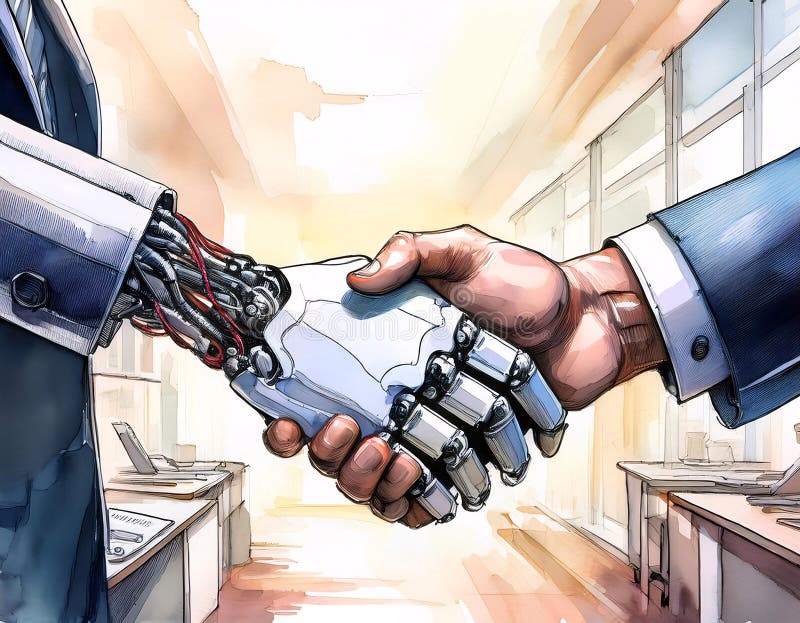 A Human and a Robot Shaking Hands in a Modern Office Setting ...