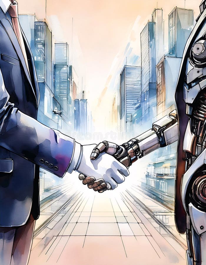 A Human and a Robot Shaking Hands in a Modern Office Setting, Symbolizing Collaboration between ...