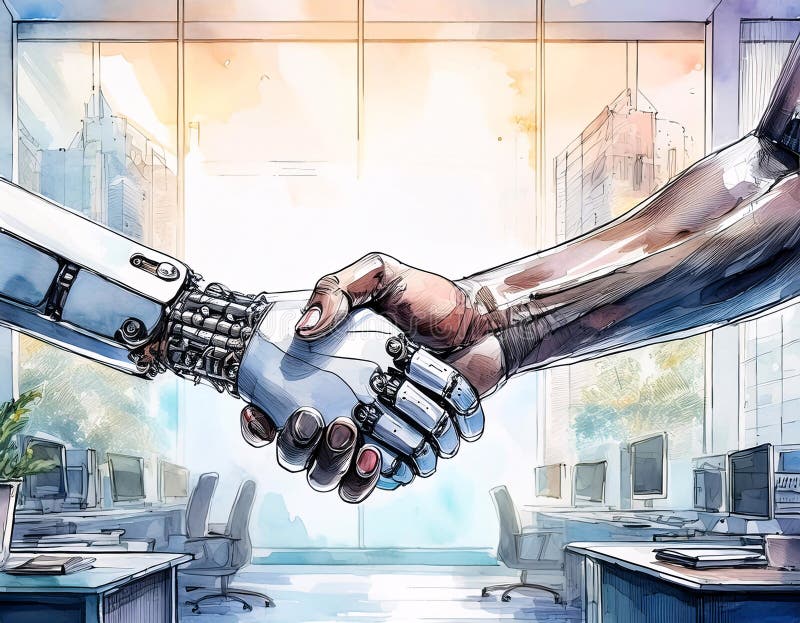 A Human and a Robot Shaking Hands in a Modern Office Setting, Symbolizing Collaboration between ...