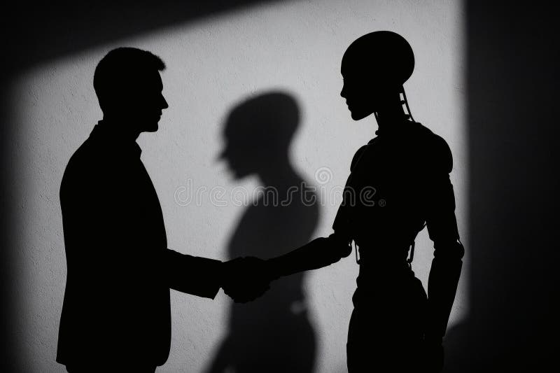 Human and Robot Shaking Hands Silhouette Symbolizing AI Collaboration ...