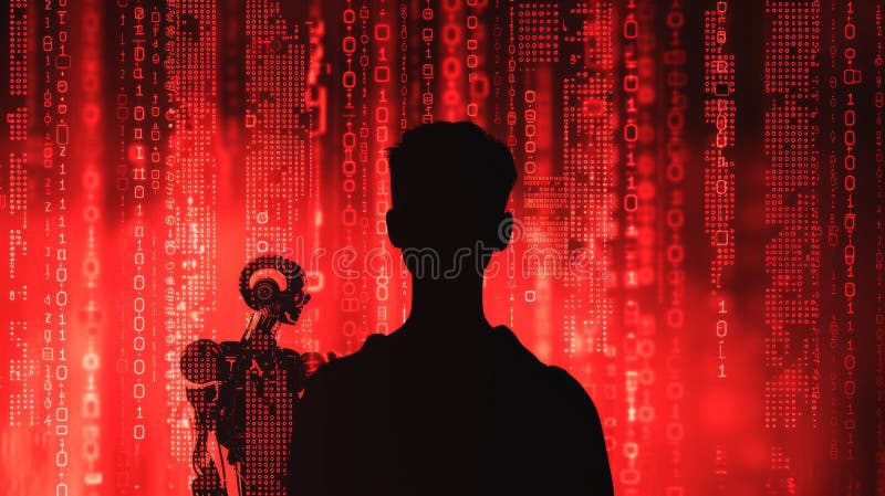 Human and Robot Silhouettes in a Red Digital Matrix Environment Stock ...