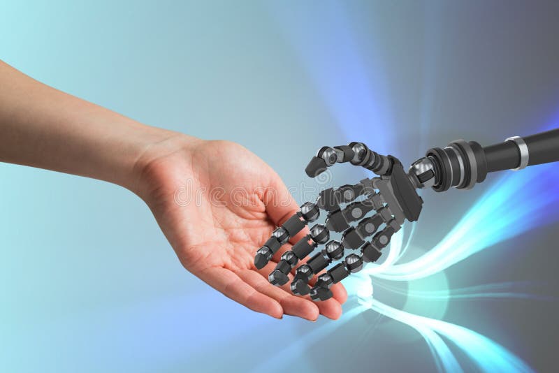 Human and Robot Touching Their Hands in Blue Background Stock ...
