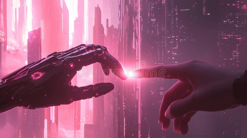 Human and Robotic Fingers Touch with Glowing Light Stock Illustration ...
