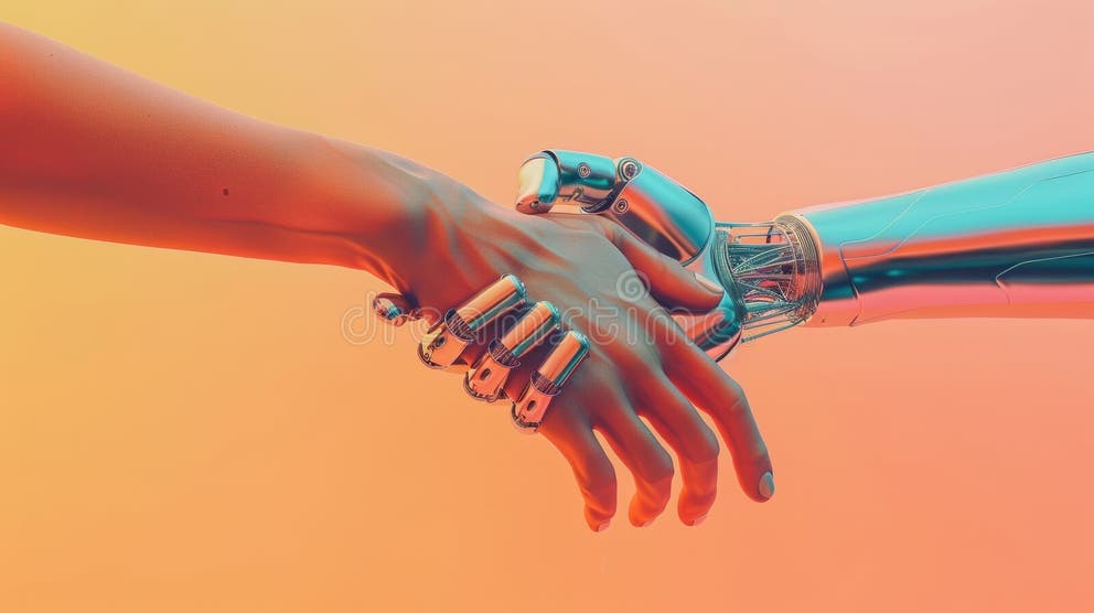 Human and Robotic Hand Handshake, Close-up on Orange Gradient ...