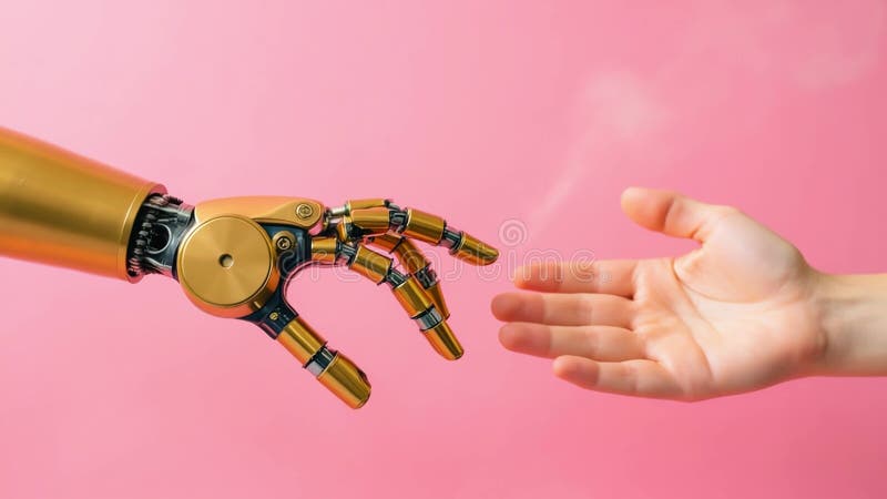 Human and Robotic Hand Reaching Connection on Pink Background ...