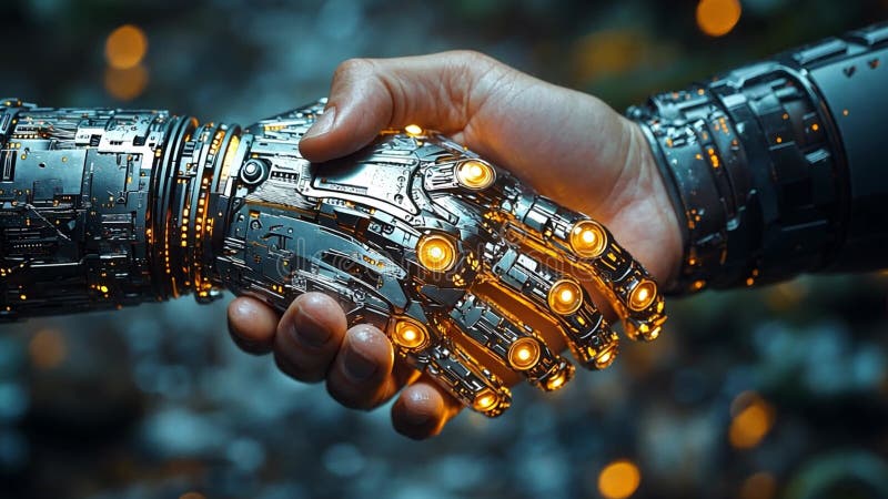 A Human and a Robotic Hand Shake in a Futuristic Setting Filled with ...