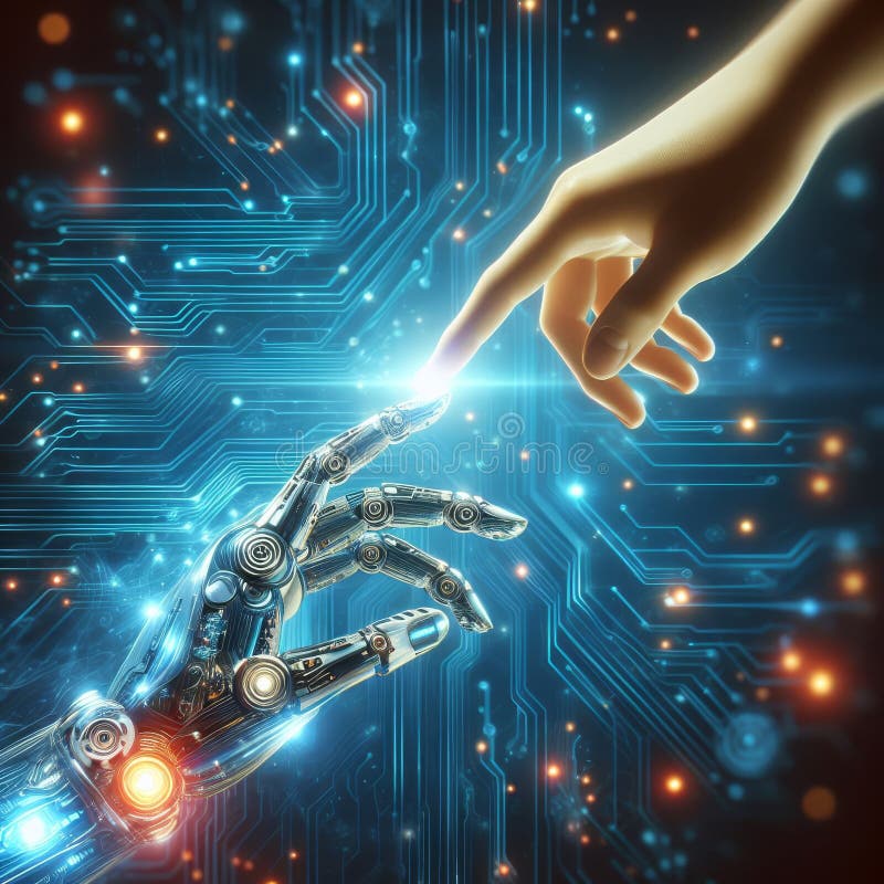 Human and Robotic Hand Interaction Over Urban Skyline Stock Image ... Human and Robotic Hand Interaction Over Urban Skyline Stock Image ...