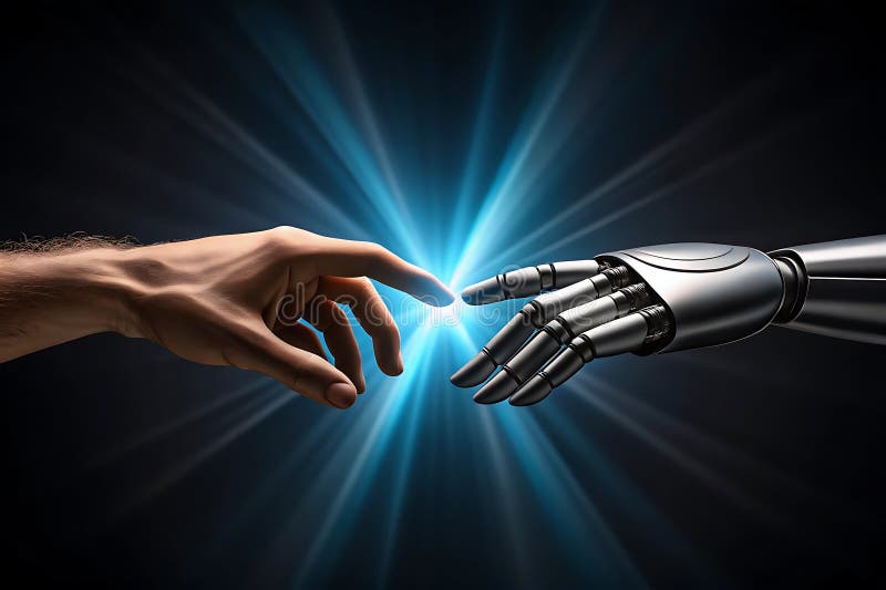 Human and Robotic Hand almost Touching with Bright Light in ...