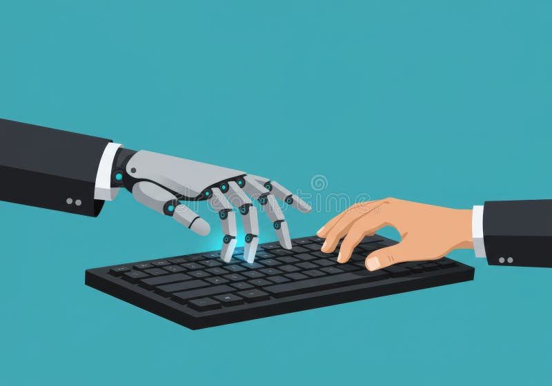Human and Robotic Hands Collaborating on Keyboard in Futuristic ...
